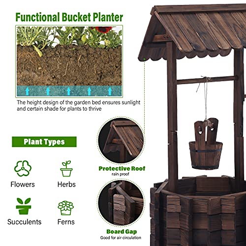 Notume Wooden Wishing Wells for Outdoors with Hanging Bucket , Wishing Well Planters Rustic Style Patio Garden Ornamental, Brown