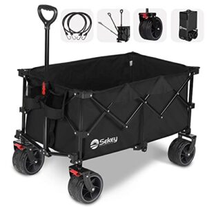 sekey collapsible foldable wagon with 220lbs weight capacity, heavy duty folding utility garden cart with big all-terrain beach wheels & drink holders. black