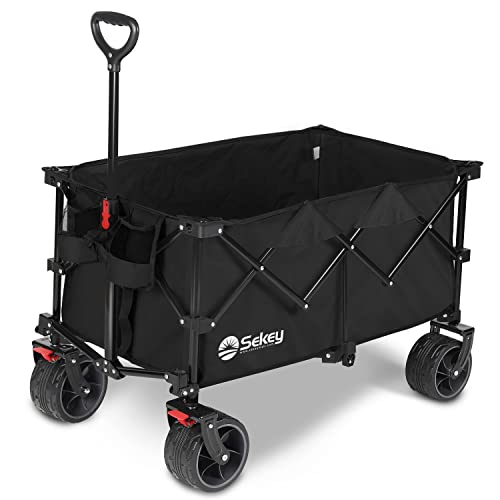 Sekey Collapsible Foldable Wagon with 220lbs Weight Capacity, Heavy Duty Folding Utility Garden Cart with Big All-Terrain Beach Wheels & Drink Holders. Black