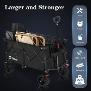 Sekey Collapsible Foldable Wagon with 220lbs Weight Capacity, Heavy Duty Folding Utility Garden Cart with Big All-Terrain Beach Wheels & Drink Holders. Black