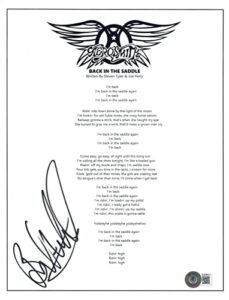 brad whitford aerosmith signed back in the saddle 8.5×11 lyric sheet beckett coa