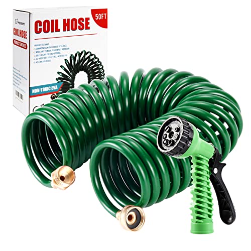 Yereen Coil Garden Hose 50FT, EVA Recoil Garden Hose, Heavy Duty Curly Coiled Water Hose, Retractable Garden Hose with 7 Function Spray Nozzle Gun