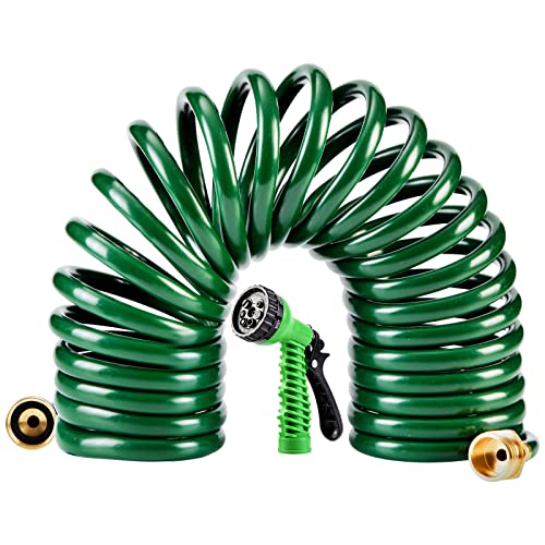 Yereen Coil Garden Hose 50FT, EVA Recoil Garden Hose, Heavy Duty Curly Coiled Water Hose, Retractable Garden Hose with 7 Function Spray Nozzle Gun