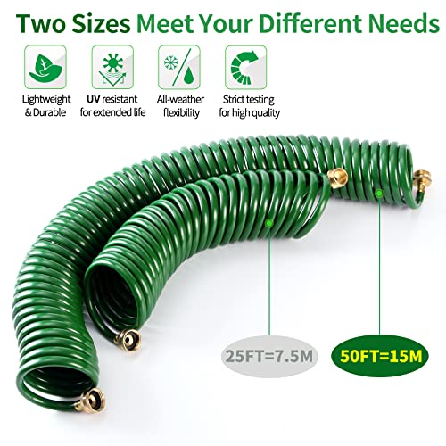 Yereen Coil Garden Hose 50FT, EVA Recoil Garden Hose, Heavy Duty Curly Coiled Water Hose, Retractable Garden Hose with 7 Function Spray Nozzle Gun