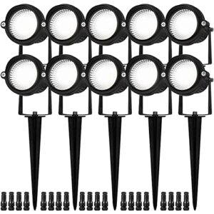 eaglod 5w low voltage led landscape lights with connectors,12v~24v outdoor spotlight 5000k daylight waterproof for yard landscape lighting,tree flag spotlights,garden path lights with spike (10pack)