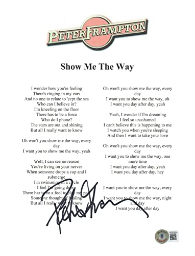 Peter Frampton Signed Autographed Show Me The Way Lyric Sheet 8.5x11 Beckett COA