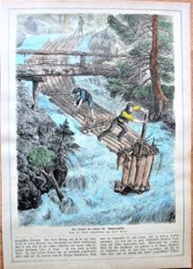 antique steel engraving: logs on river