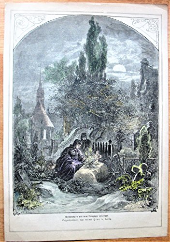 Antique Steel Engraving: Lighting Candles on a Grave