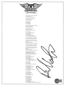 brad whitford aerosmith signed livin’ on the edge 8.5×11 lyric sheet beckett coa