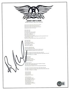 brad whitford aerosmith signed janie’s got a gun 8.5×11 lyric sheet beckett coa