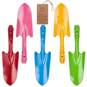 newflager mini colorful metal hand shovel, trowel set garden tools for flower soil planting digging transplanting – ideal gardening gift for kids (pack of 5)