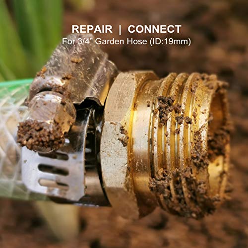 PLG Solid Brass 3/4 Inch Garden Hose Repair Kit Male and Female Hose End Repair Water Hose Fittings Connector with Stainless Steel Clamp