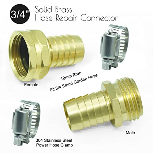 PLG Solid Brass 3/4 Inch Garden Hose Repair Kit Male and Female Hose End Repair Water Hose Fittings Connector with Stainless Steel Clamp