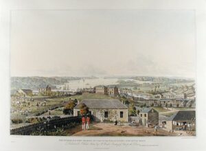 three panoramic views of port jackson, in new south wales, with the town of sydney, and the adjacent scenery. after original drawings by à taylorà drawn from natureà between 1817 and 1822