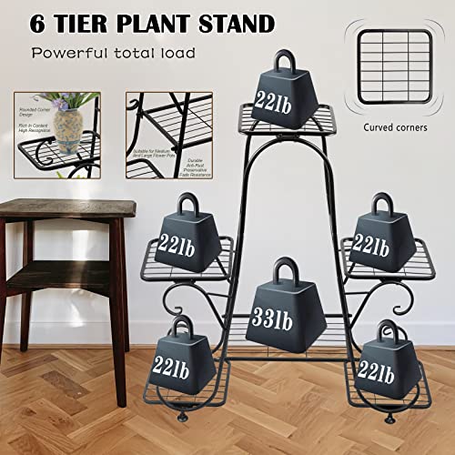 ZHAZHADI Metal Plant Stand Indoor Outdoor Multiple 6 Tier Tall Corner Flower Pot Holder Stands Shelf Rack Wrought Iron Tiered Planter Shelves for Patio, Living Room, Garden, Balcony, Black