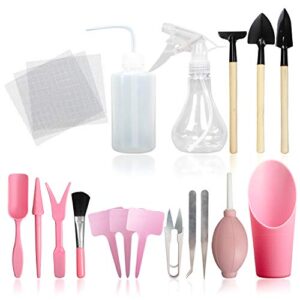 kalim 16pcs succulent plant tools, mini planting/transplanting gardening tool set for indoor miniature garden plant care(pink)