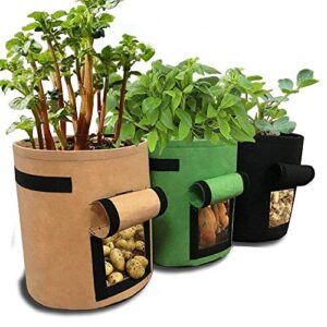 gemgo 3 pack potato grow bag, 7 gallon aeration waterproof fabric sweet potato planter, harvest window vegetable peanut growing box bucket pot for nursery garden (3 pack, black brown green)