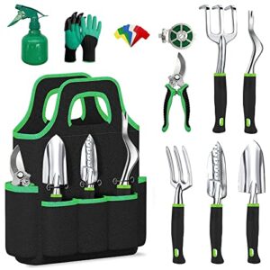 tenozek gardening tool set 11 pcs heavy duty aluminum garden supplies kit gardening gifts basket for women men gardener beginners garden hand implements with non-slip rubber handle storage tote bag