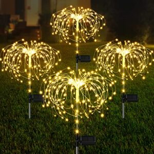 e-kong outdoor solar garden lights 4 pack, upgraded 125 leds outdoor lights for patio, solar fireworks light with 2 modes, ip65 waterproof, solar pathway lights for yard, garden, walkway (warm white)