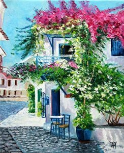 sold santorini bougainvillea, summer day on the greek isle by internationally renowned painter yary dluhos