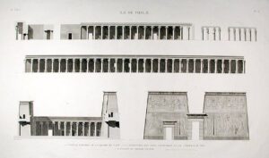 Île de philae. coupe et elevation de la galerie de l’est. elevations des deux colonnades et de l’edifice du sud. elevation du premier pyl⌠ne