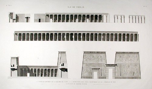 Île de Philae. Coupe et Elevation de la Galerie de l'Est. Elevations des Deux Colonnades et de l'Edifice du Sud. Elevation du Premier Pyl⌠ne