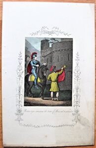 antique copperplate engraving: boarnerges summons the town of mansoul to surrender