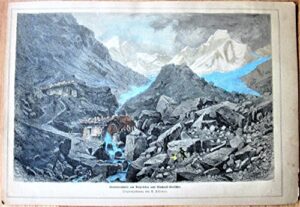 antique steel engraving: mountain scene and water mill