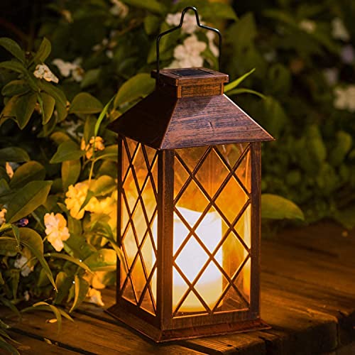 TAKE ME 14" Solar Lanterns Outdoor Garden Hanging Lantern Waterproof LED Flickering Flameless Candle Mission Lights for Table,Outdoor,Party