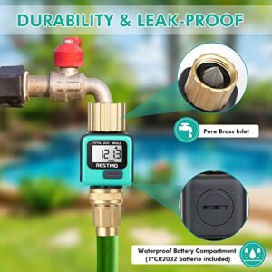 [2 Pack] RESTMO Heavy Duty Water Flow Meter, Pure Brass Inlet | Metal Thread | 4 Measure Modes | Display Gallon/Liter Usage and Flow Rate | Ideal to Track Outdoor Garden Hose Watering