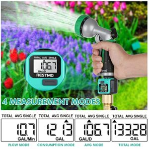 [2 Pack] RESTMO Heavy Duty Water Flow Meter, Pure Brass Inlet | Metal Thread | 4 Measure Modes | Display Gallon/Liter Usage and Flow Rate | Ideal to Track Outdoor Garden Hose Watering