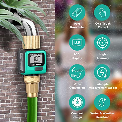 [2 Pack] RESTMO Heavy Duty Water Flow Meter, Pure Brass Inlet | Metal Thread | 4 Measure Modes | Display Gallon/Liter Usage and Flow Rate | Ideal to Track Outdoor Garden Hose Watering