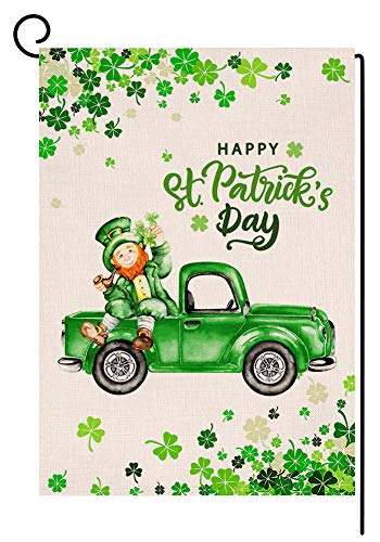 St. Patrick's Day Shamrock Truck Garden Flag Vertical Double Sided Spring Green Farmhouse Burlap Yard Outdoor Decor 12.5 x 18 Inches