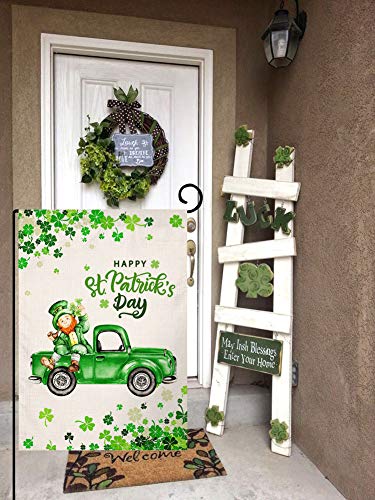 St. Patrick's Day Shamrock Truck Garden Flag Vertical Double Sided Spring Green Farmhouse Burlap Yard Outdoor Decor 12.5 x 18 Inches