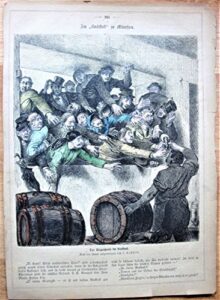 antique steel engraving: rush for beer