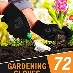 Potchen 72 Pairs Gardening Work Gloves Bulk for Men Women, Rubber Coated Black Garden Multipack Safety Construction Glove, 144 Count (Pack of 1)