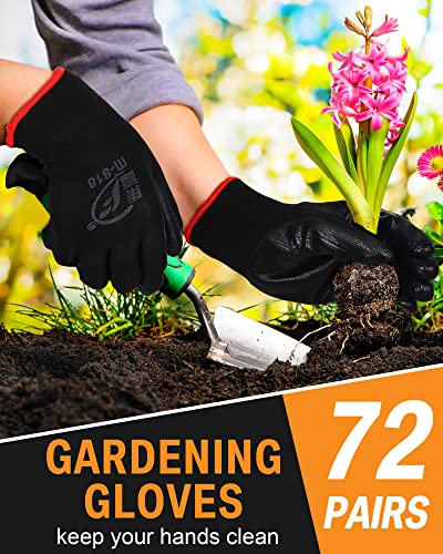 Potchen 72 Pairs Gardening Work Gloves Bulk for Men Women, Rubber Coated Black Garden Multipack Safety Construction Glove, 144 Count (Pack of 1)