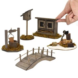 iland fairy garden accessories incl wooden wishing well & ax w/ firewood & chicken coop & birdhouse & mini bridge, nativity scene on 1/12 scale