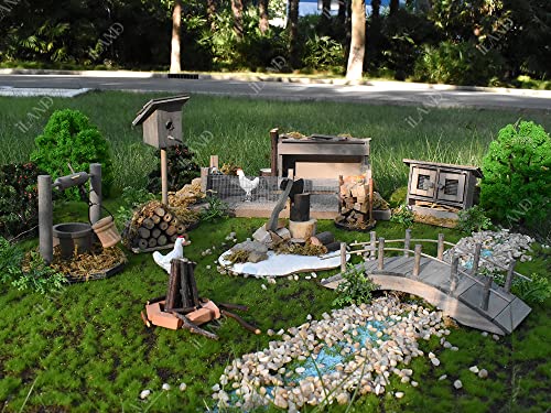 iland Fairy Garden Accessories incl Wooden Wishing Well & Ax w/ Firewood & Chicken Coop & Birdhouse & Mini Bridge, Nativity Scene on 1/12 Scale