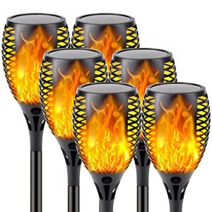 sanjicha upgraded 6 pack super larger size solar flame torch extra bright solar lights outdoor decorative with flickering flame, solar outdoor lights for garden pathway party, auto on and off