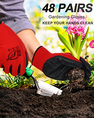 Nuogo 48 Pairs Gardening Gloves for Men Women Rubber Coated Work Gloves Garden Gloves Safety Work Gloves Construction Gloves (Red, Black)