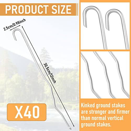 40 Pcs Kinked Ground Stake Metal Tent Stakes 12 Inch Curved Garden Stakes Dog Dig Proof Ground Stakes J Shape Fence Stakes Garden Edging Fence Hooks for Yard Landscape Garden Tent Camping Playground