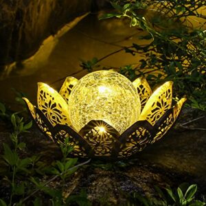 gigalumi solar lights outdoor garden decor, adjustable metal petal lotus flower lights crackle globe glass lantern outdoor table decor waterproof for patio, lawn, pathway, pond, christmas gift