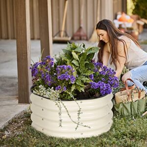 T4U Round Raised Garden Bed,2ft X 2ft X 0.9ft Zinc-Aluminum-Magnesium Stainless Steel Durable Metal Planter Box, Outdoor Planter Garden Bed for Vegetables Flowers Fruits Herb etc(Ivory White)