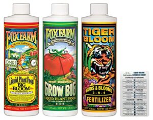 foxfarm liquid nutrient trio soil formula: big bloom, grow big, tiger bloom (pack of 3-16 oz bottles) + twin canaries chart