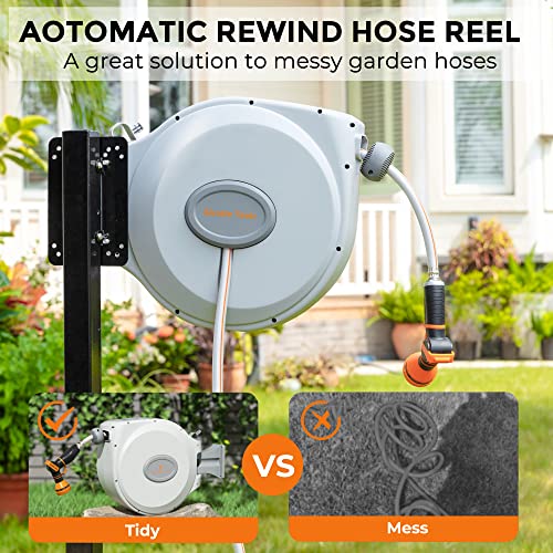 Giraffe Tools Retractable Garden Hose Reel 5/8" x 65 ft, Water Hose Reel Wall Mount, Automatic Retractable Hose Reel with Slow Return, Any Length Lock