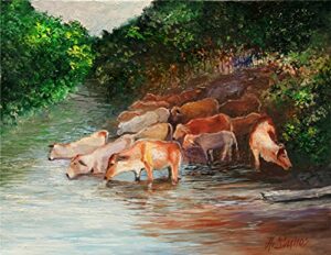 the watering hole, herd of cattle by internationally renown artist andre dluhos