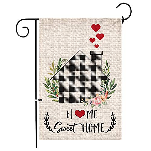 Hexagram Home Sweet Home Garden Flag, Fall Winter Vertical Double Sided Burlap Black White Buffalo Plaid Check Farmhouse Garden Flags, Spring Summer Rustic Farmhouse Yard Outdoor Decoration 12x18 Inch