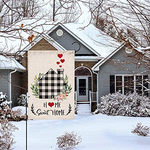 Hexagram Home Sweet Home Garden Flag, Fall Winter Vertical Double Sided Burlap Black White Buffalo Plaid Check Farmhouse Garden Flags, Spring Summer Rustic Farmhouse Yard Outdoor Decoration 12x18 Inch