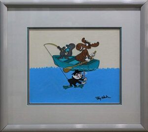 jay ward signed scene cel of rocky and bullwinkle, with boris badenov, entitled gone fishin’